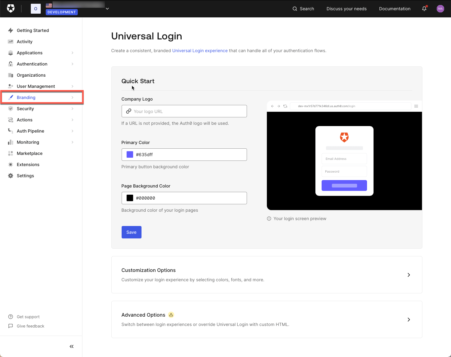 Select Universal Login and then click on Advanced Options